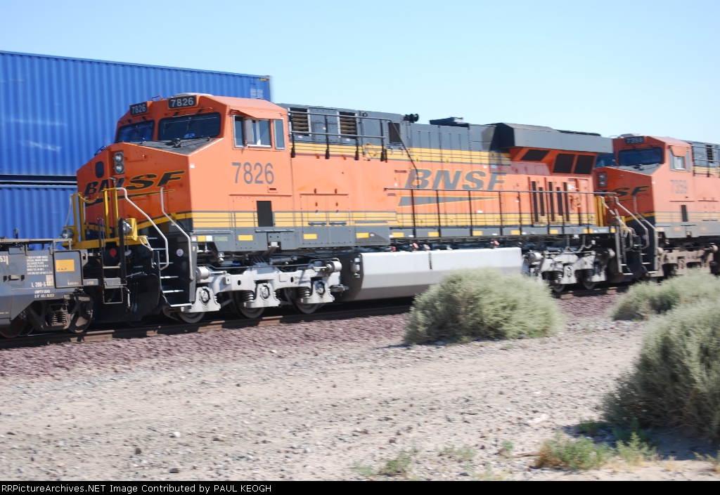 BNSF 7826 and BNSF 7359 roll by me as they proceed east towards the BNSF Barstow yard.